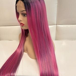HOT PINK Black Roots HAIR Lace Front Wig - Black Roots * Long Straight ...