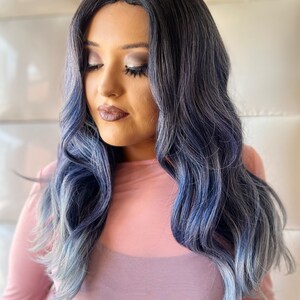 ICY GREY BLUE Ombre Lace Front Wig (dark Roots) Messy Waves Wavy ...