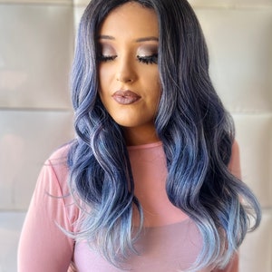 ICY GREY BLUE Ombre Lace Front Wig (dark Roots) Messy Waves Wavy ...