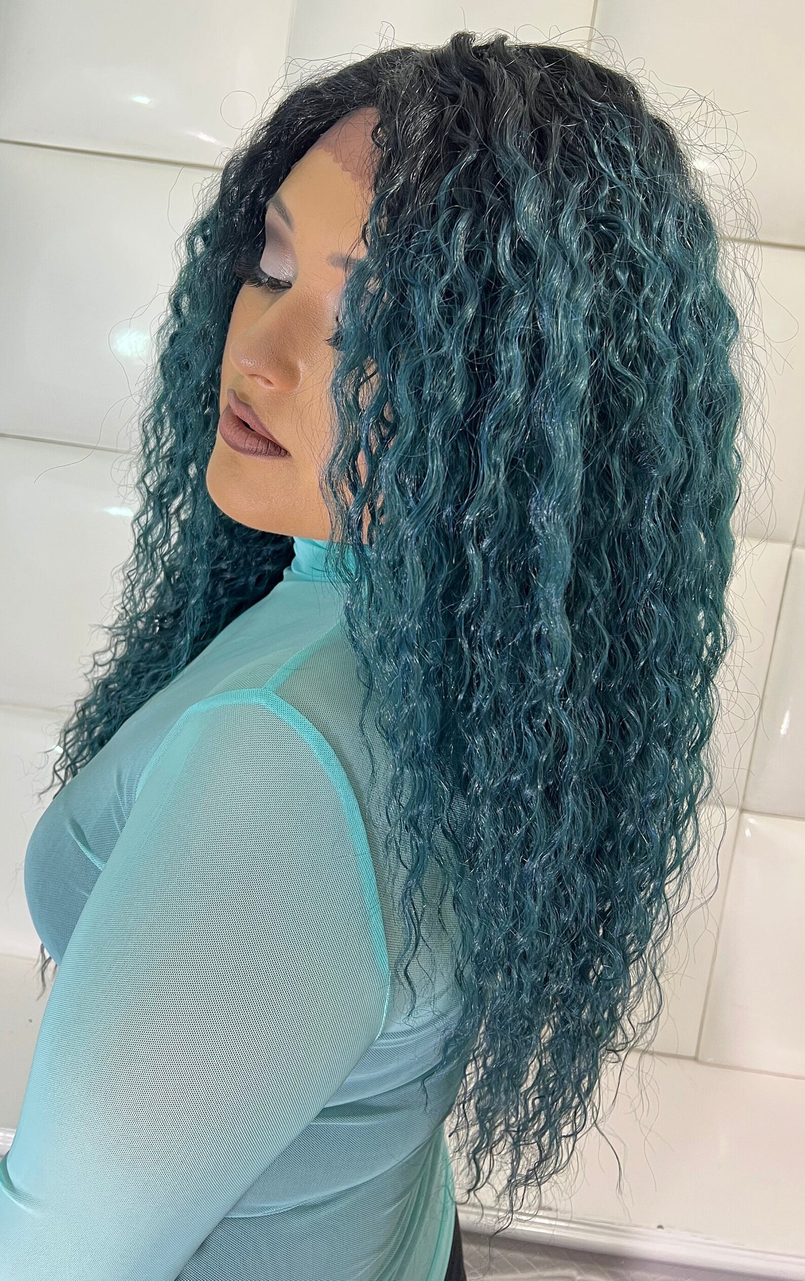 Synthetic Lace Front Wig Jade Green dark Roots Long - Etsy