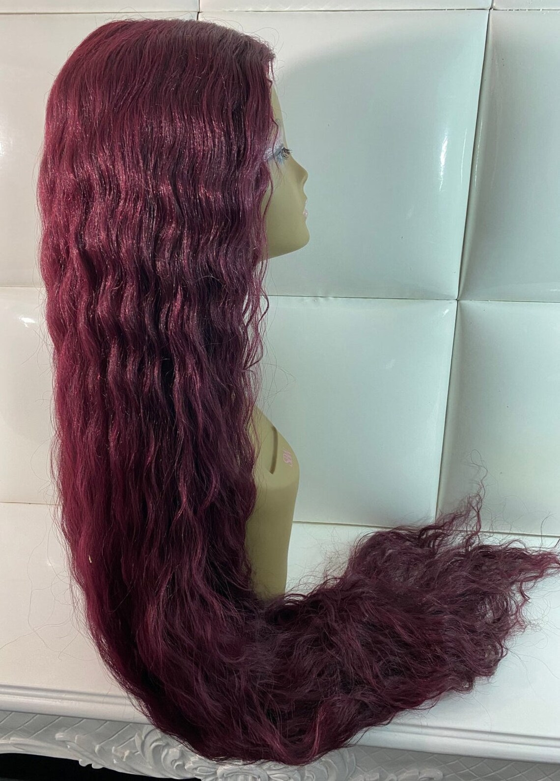 BURGUNDY RED MAROON Lace Part Wig Extra Long Wavy Curly Hair | Etsy