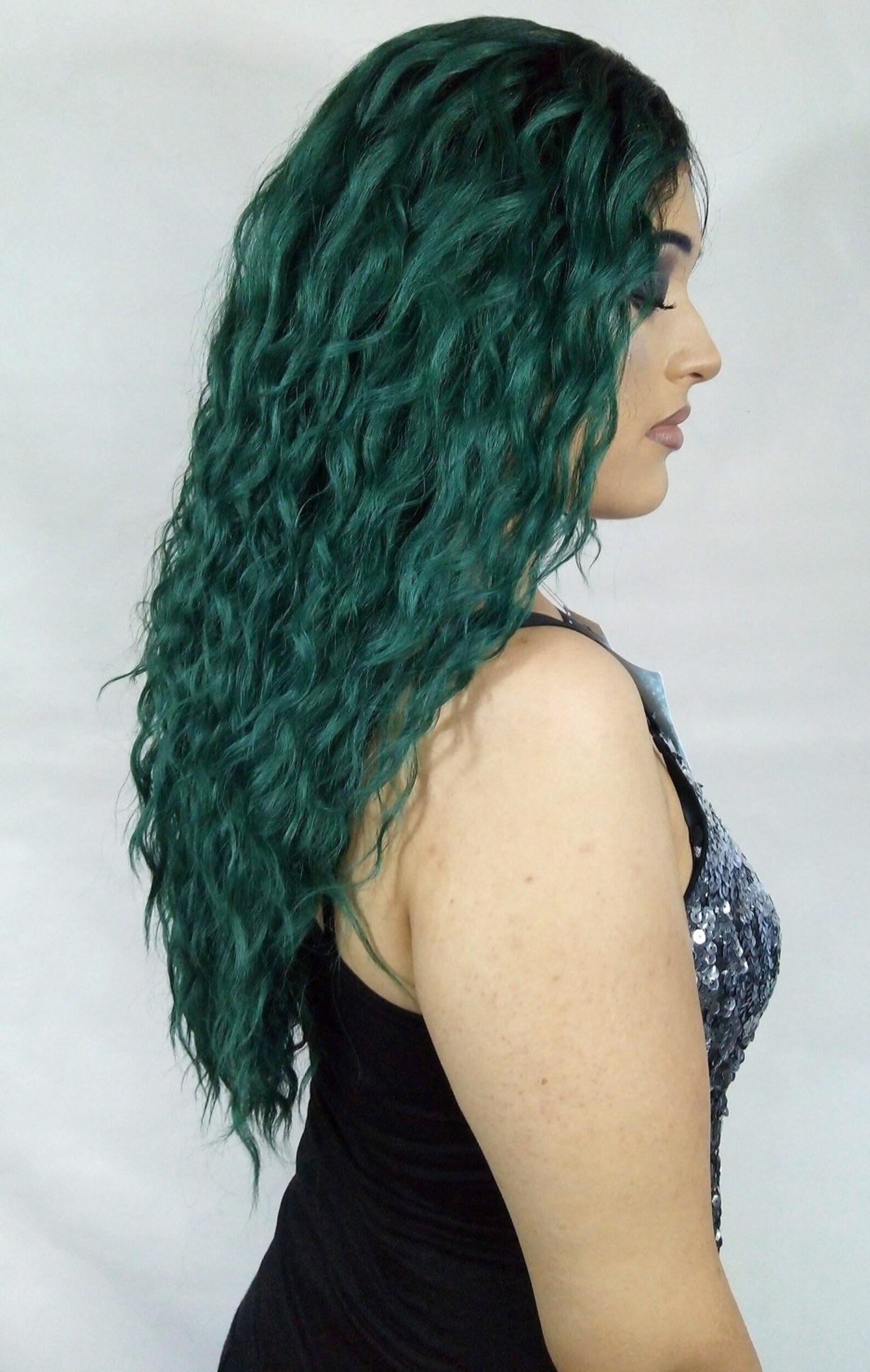 Synthetic Lace Front Wig Jade Green dark roots Long | Etsy
