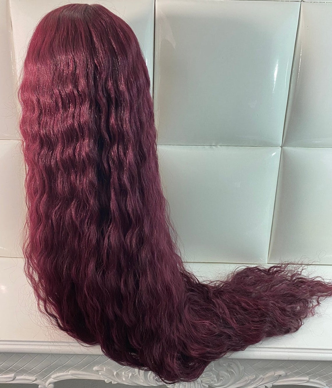 BURGUNDY RED MAROON Lace Part Wig Extra Long Wavy Curly Hair | Etsy