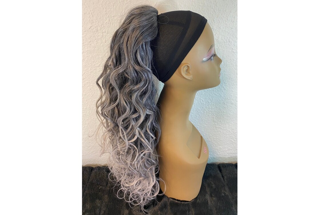 SLATE GRAY Drawstring Ponytail Extension * HUMAN Hair & Synthetic Fiber ...