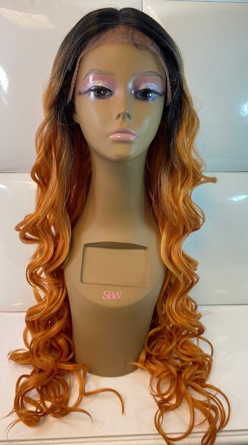 Lace Front Wig PUMPKIN ORANGE AMBER dark roots Extra Long | Etsy