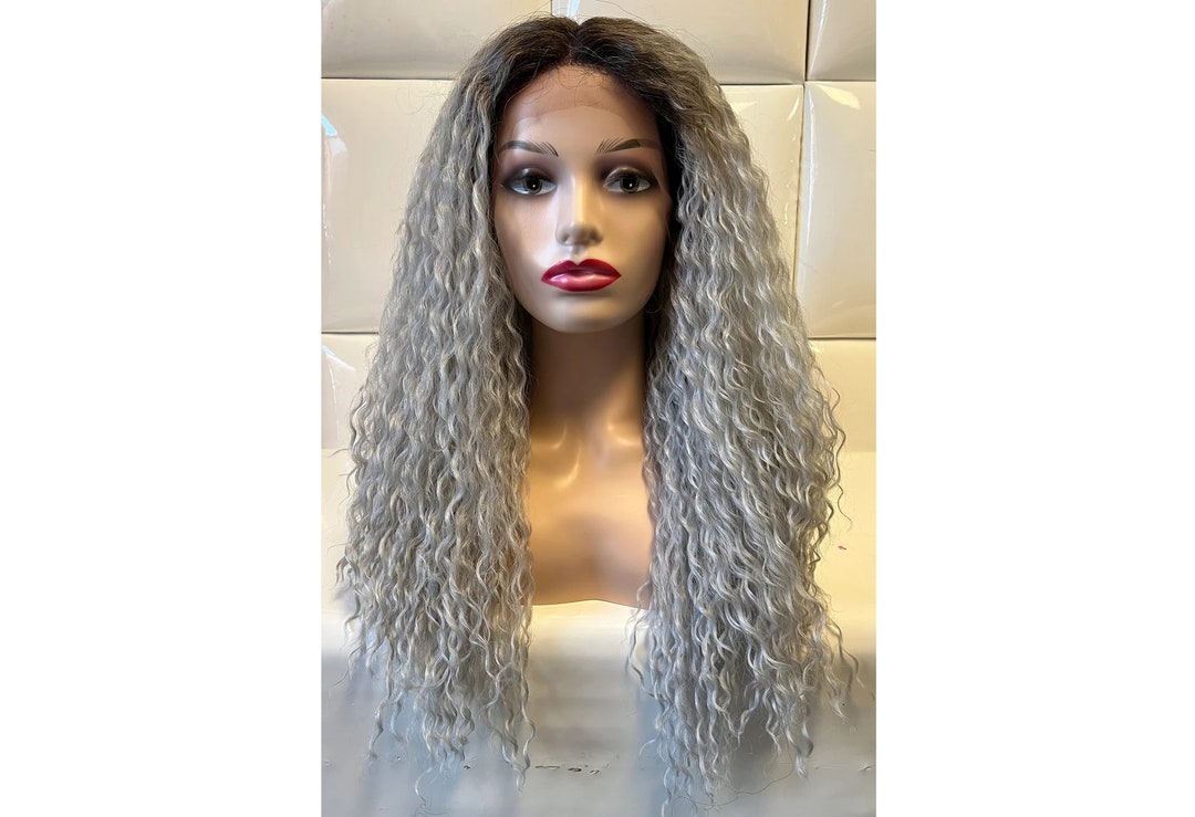 SILVER PLATINUM Grey Lace Front Wig Long Wavy Waves Black Roots ...