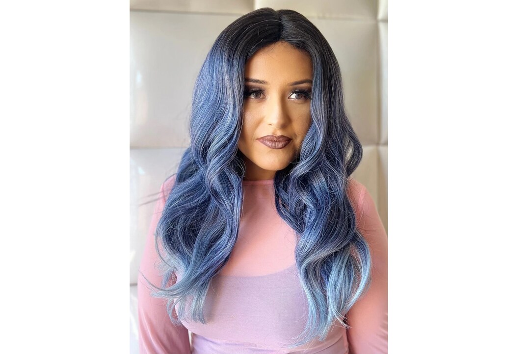 ICY GREY BLUE Ombre Lace Front Wig (dark Roots) Messy Waves Wavy ...