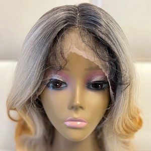 YELLOW PLATINUM BLONDE Dark Roots Lace Part Wig Multicolor 26 Chunky ...