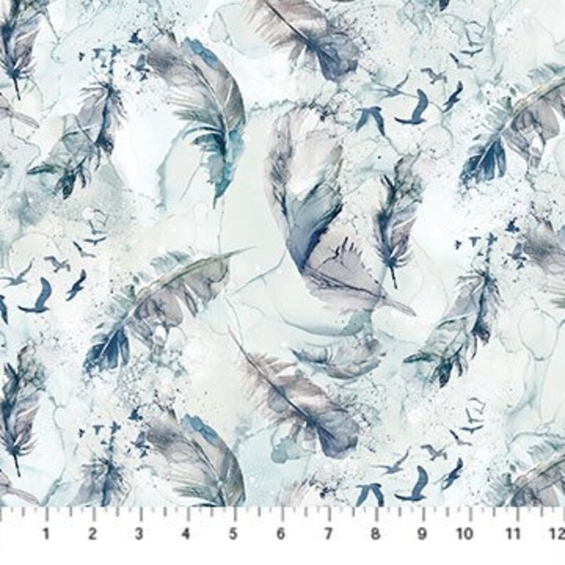 Soar Northcott Fabric White Feathers Moody Blues Light - Etsy