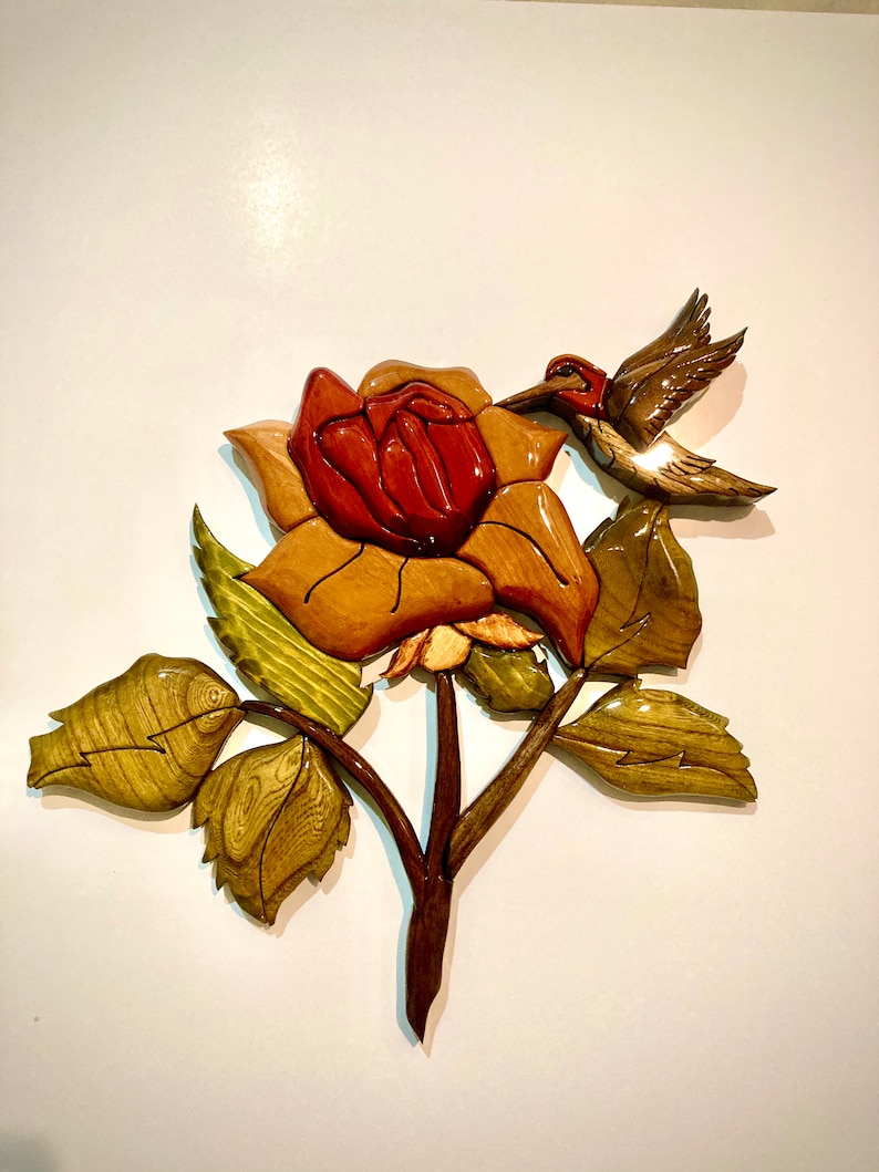 Hummingbird and Rose, Intarsia, Wall Decore, Picture, Rose and ...