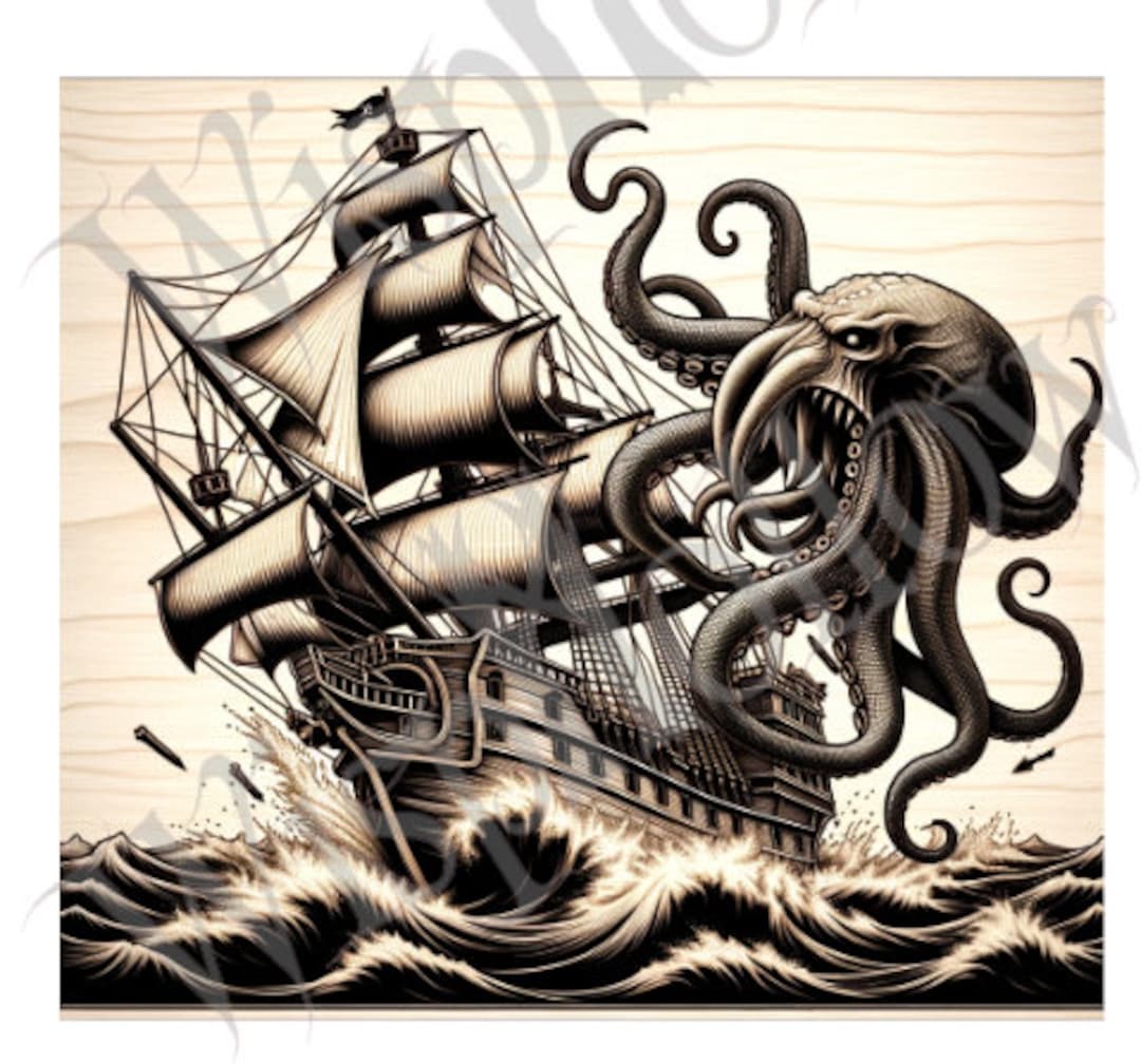 Kraken | Kraken Attacking Ship | Laser Engraving Design | Glowforge ...