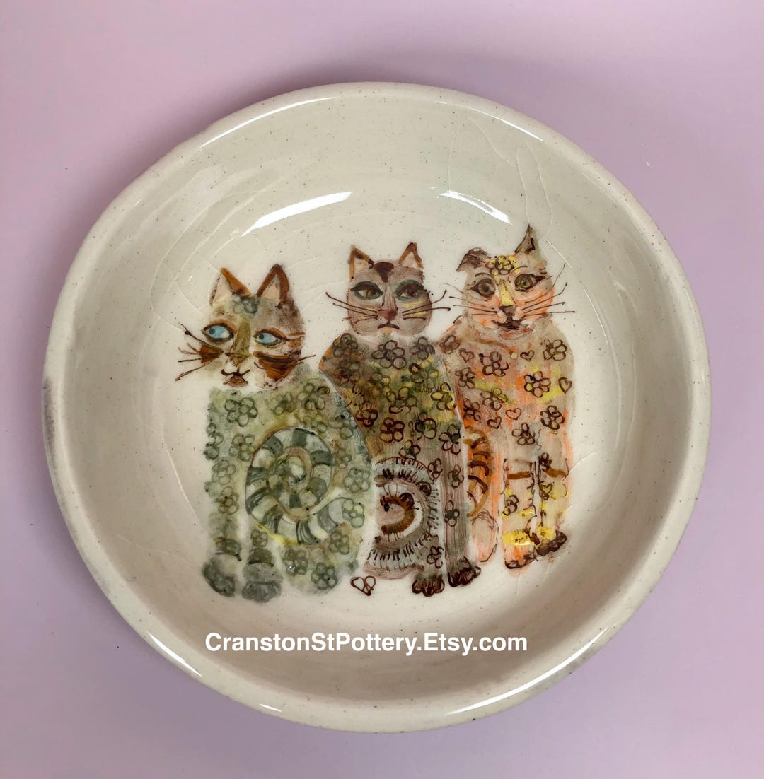 Three Cats and Flowers Ceramic Bowl, Hand Painted Colorful Cats Pottery ...