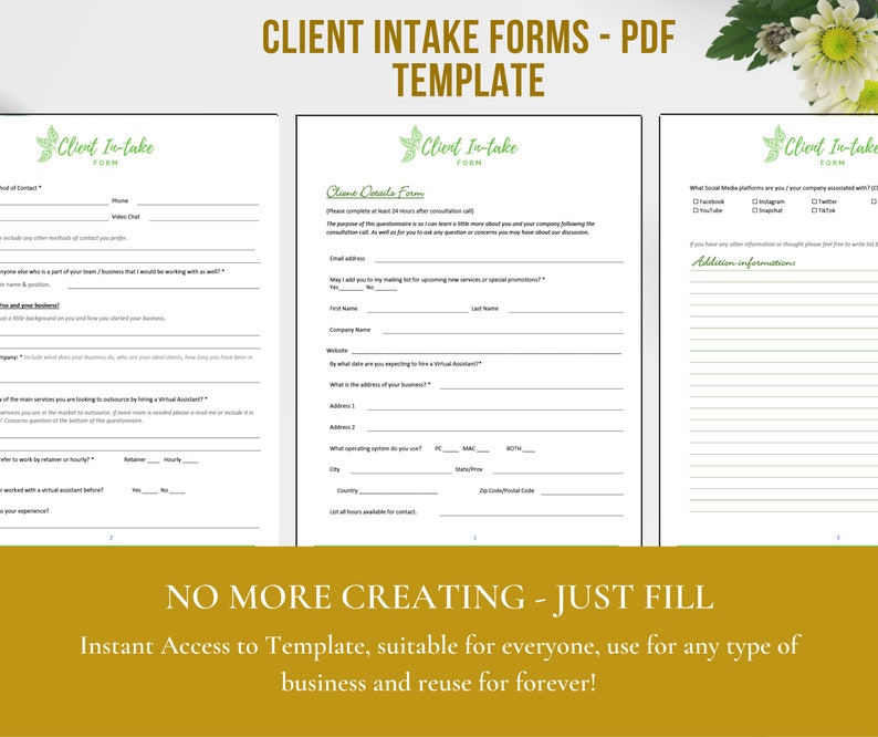 Client Intake Form Bundle Green Leaf Printable New | Etsy