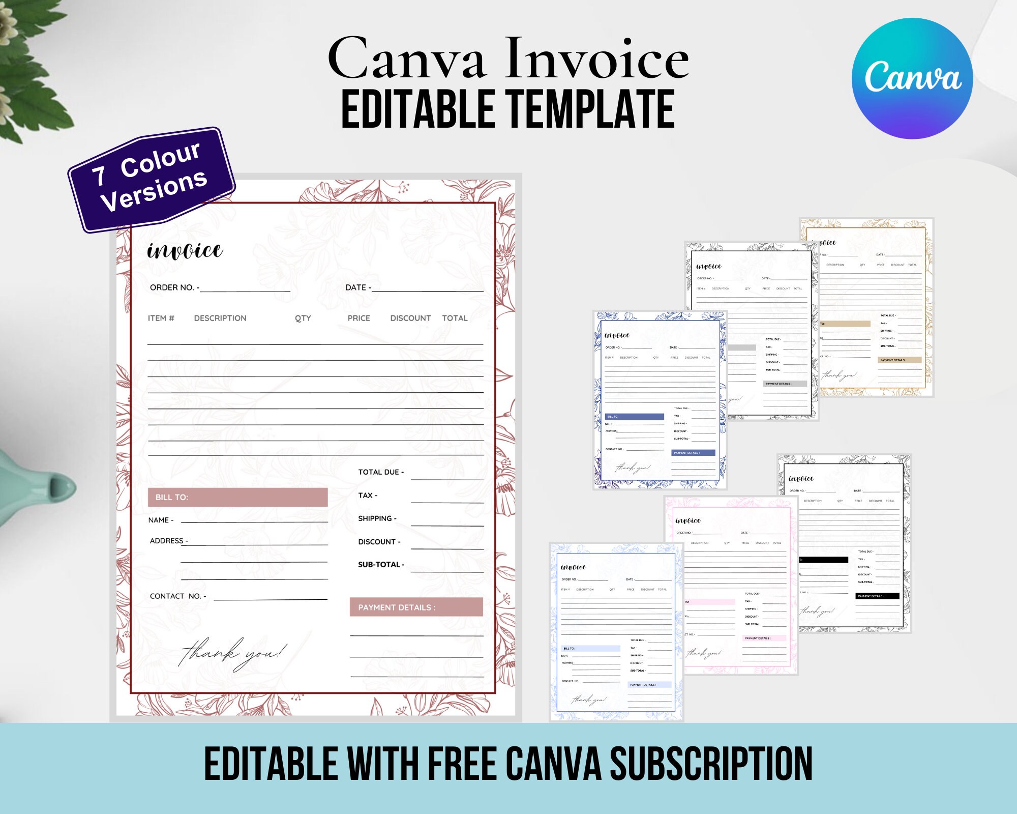Canva Invoice, Invoice Editable Template, Printable Order Form, Small ...