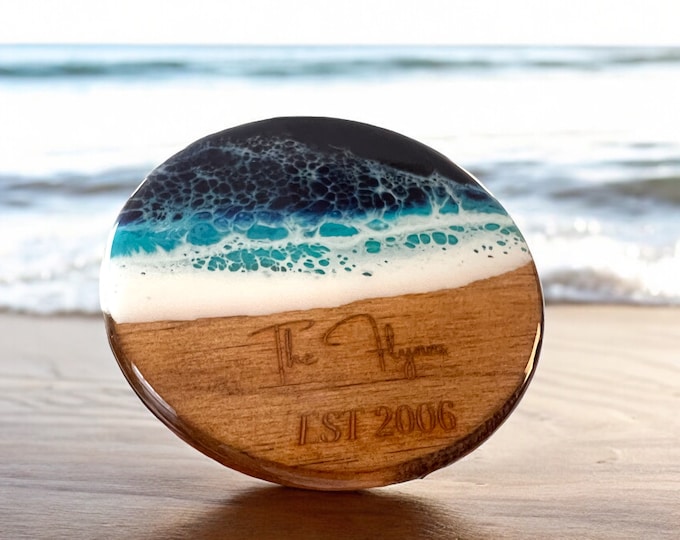 Resin Ocean Wave Coaster Set of 4, Round Wood Beach Coasters, Handmade ...