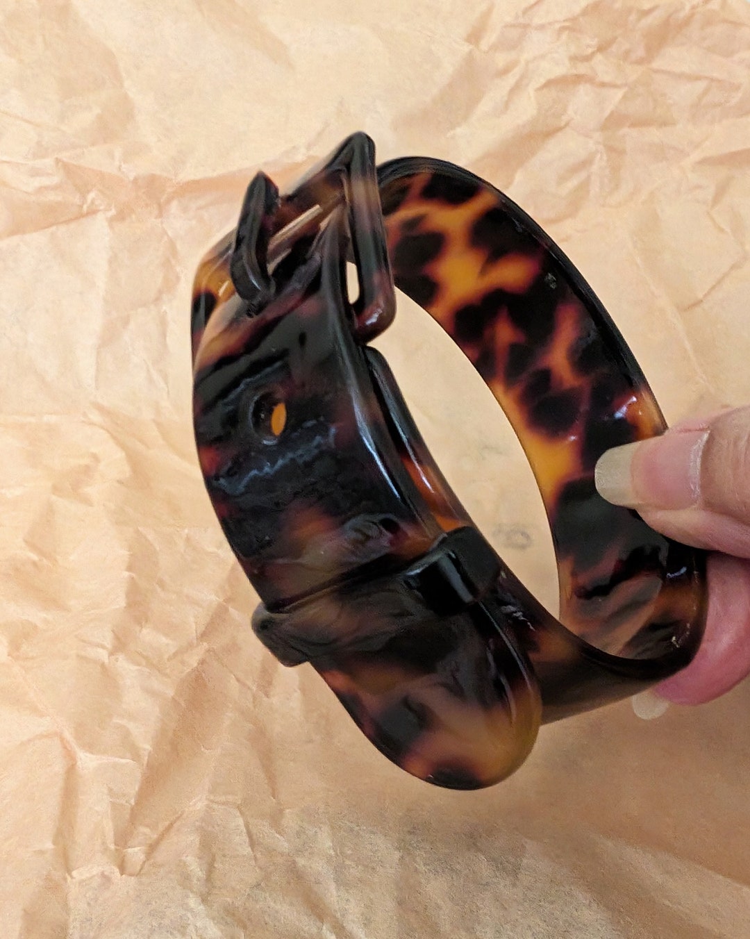 Large MOD 70s Tortoise Shell Buckle Lucite Bangle, Glossy Animal Print ...