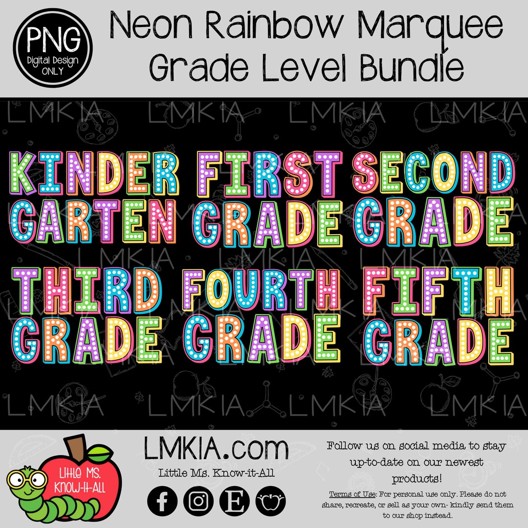 Neon Rainbow Teacher Grade Level PNG Bundle (digital Design) - Etsy