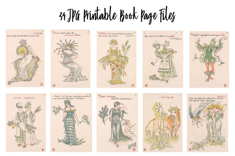 Vintage Book Digital Download, Shakespeare Flowers for Junk Journal ...