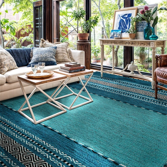 Teal Blue Kilim Rug Indian Handmade Vintage Aesthetic Room Decor Moroccan Trending Living Room Carpet Hallway Runner Aqua Blue Rug Etsy