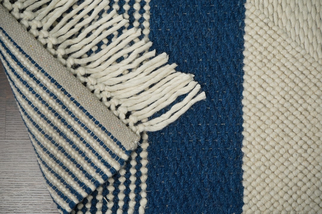 Hand Knotted Bohemian Inspired Blue Wool Area Rug, Chunky Wool Rug ...