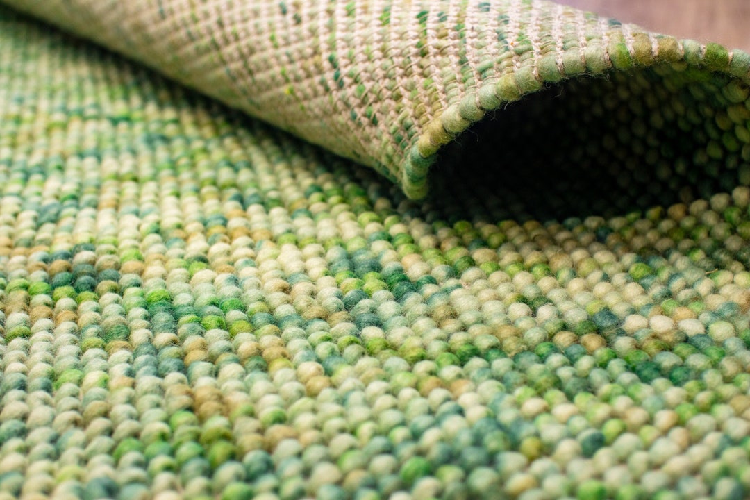 Sage Green Chunky Looped Wool Rug - Scandinavian Hand Made Fluffy Wool ...