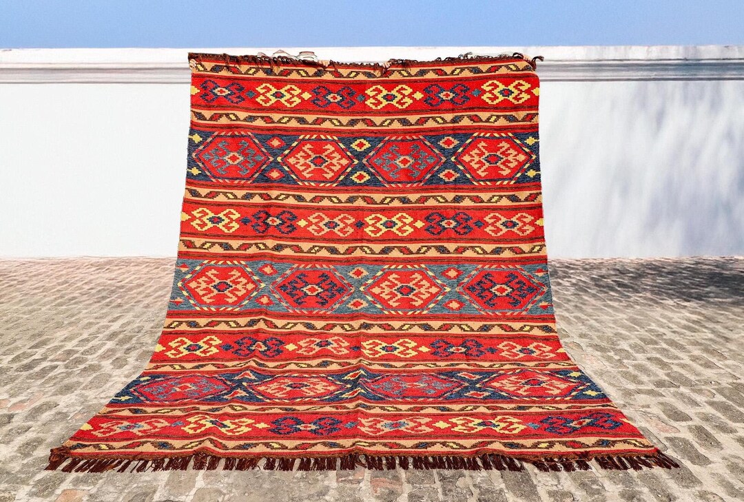 Antique Room Decor Kilim Rug, Red Kilim Outdoor Rug, Southwestern Decor ...