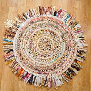 White Chindi Multicolour Rag Braided Boho Rug, Bohemian Jute Mat With ...