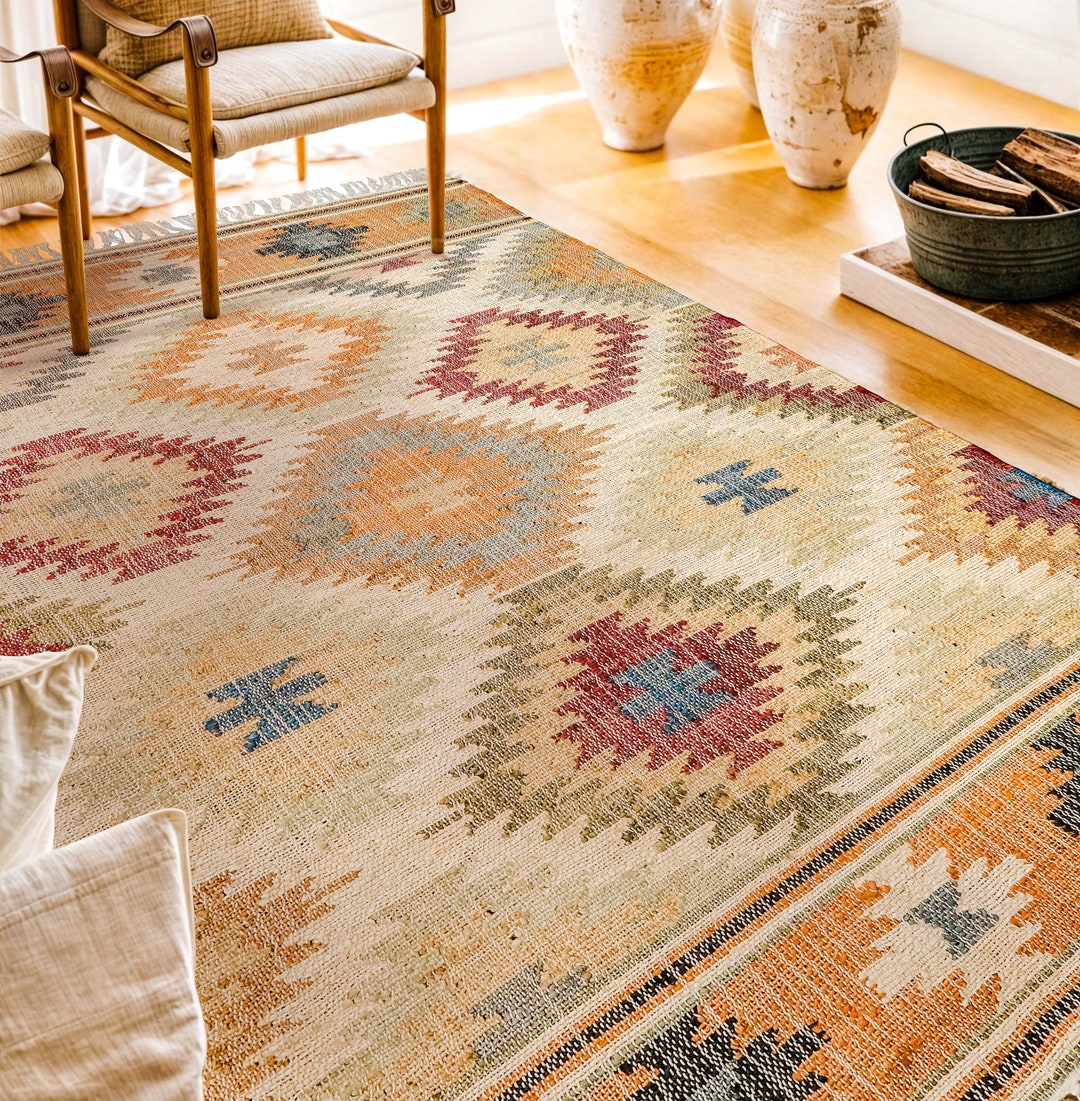 Multi Tribal Aztec Style Natural Boho Flat Woven Colourful Jute Kilim ...