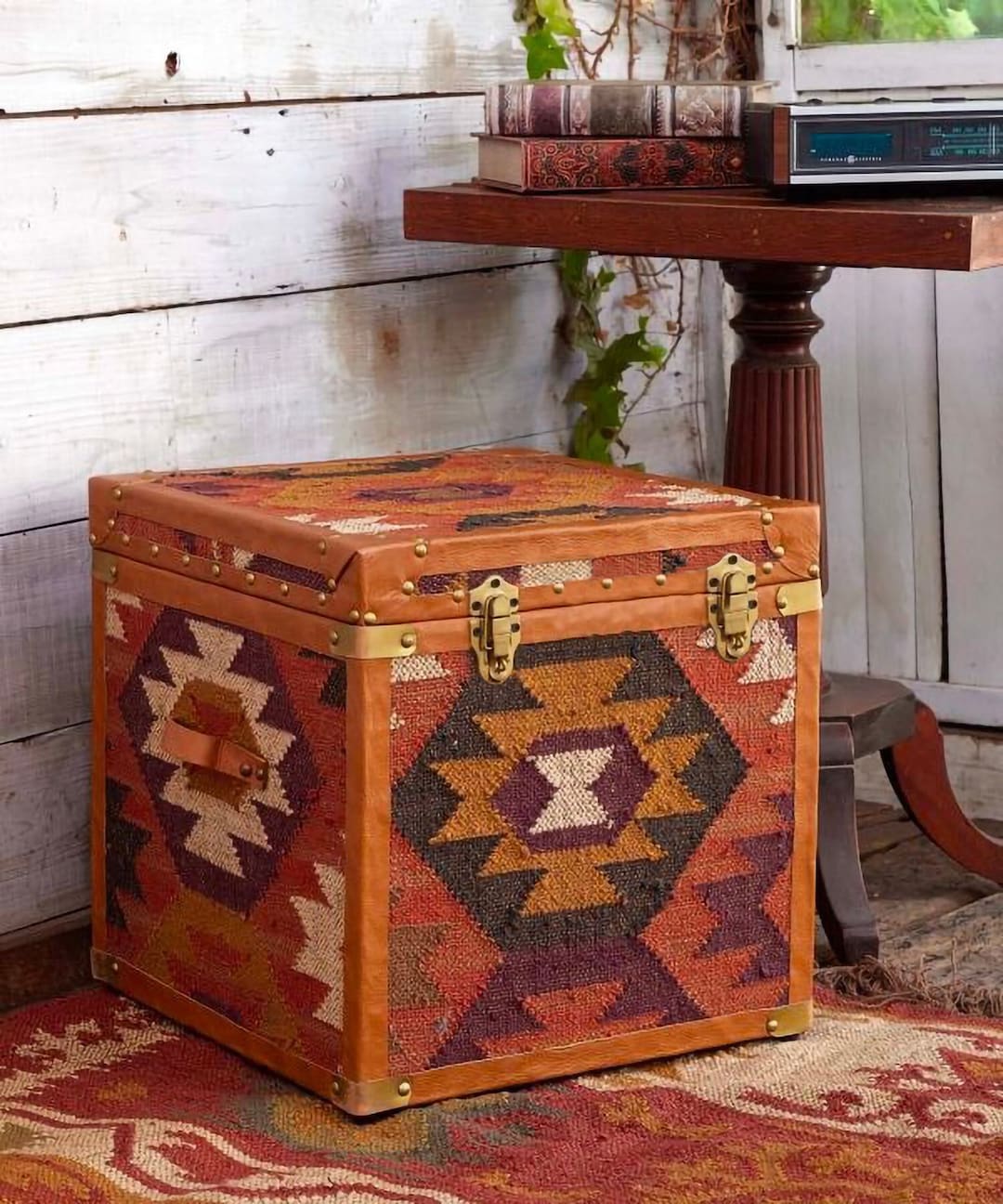 Navajo Kilim Storage Trunk Box With Lid, Treasure Chest Box, Rustic ...