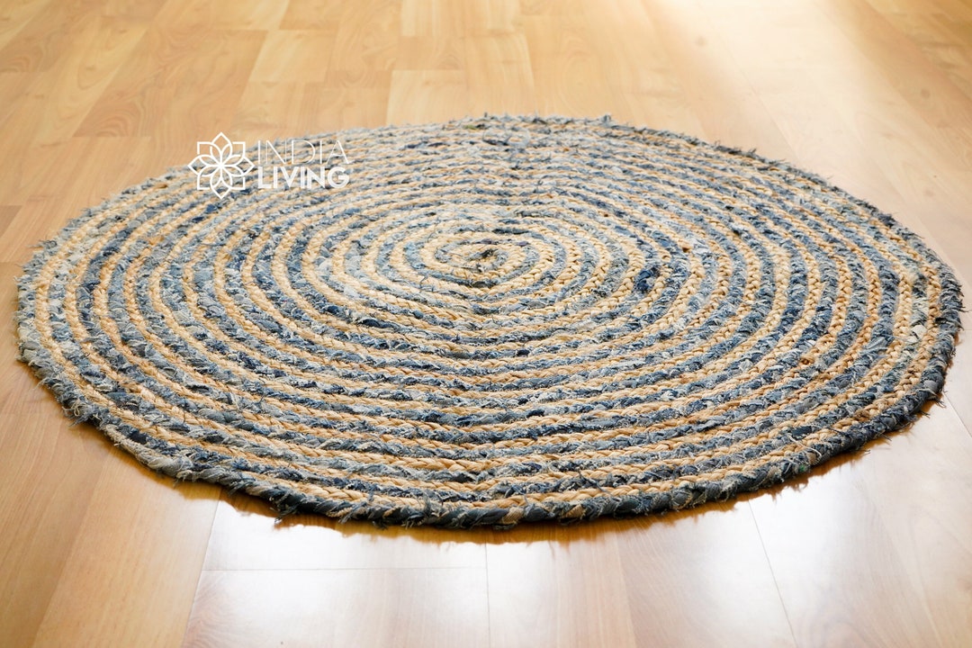 Denim Jute Braided Round Rug,denim Chindi Rag Rug, Sustainable and ...