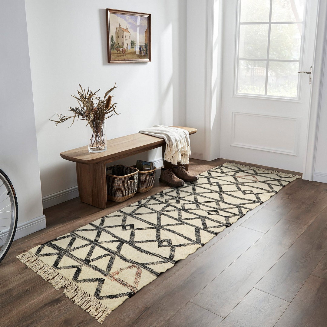 Abstract White Hallway Runner Rug, Handwoven Indoor Boho Stairway ...