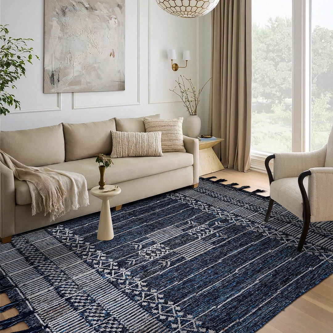 Dark Denim Blue Rustic Kilim Wool Rug for Bedroom Aesthetics - Etsy