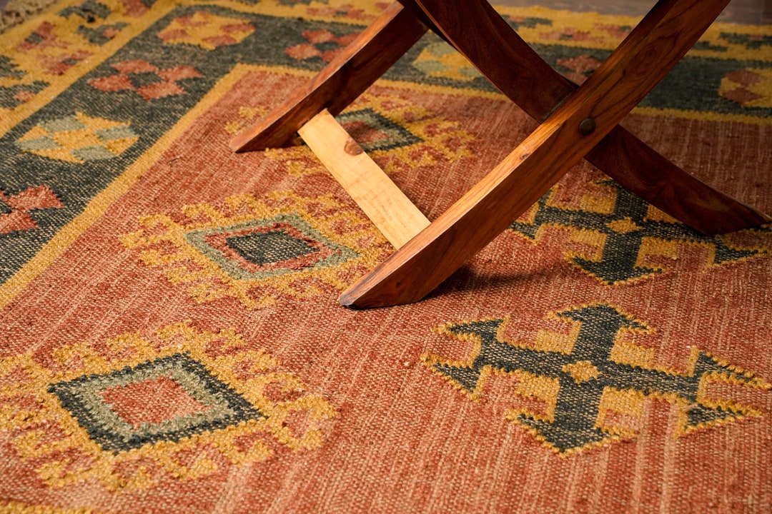 Orange Navajo Wool Jute Kilim Area Rug, Aztec Tribal Rug, Handwoven ...