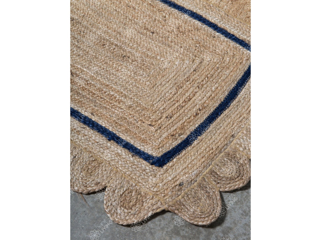 Scalloped Jute Rug,blue Scallop Rug, Natural Jute Area Rug/doormat ...