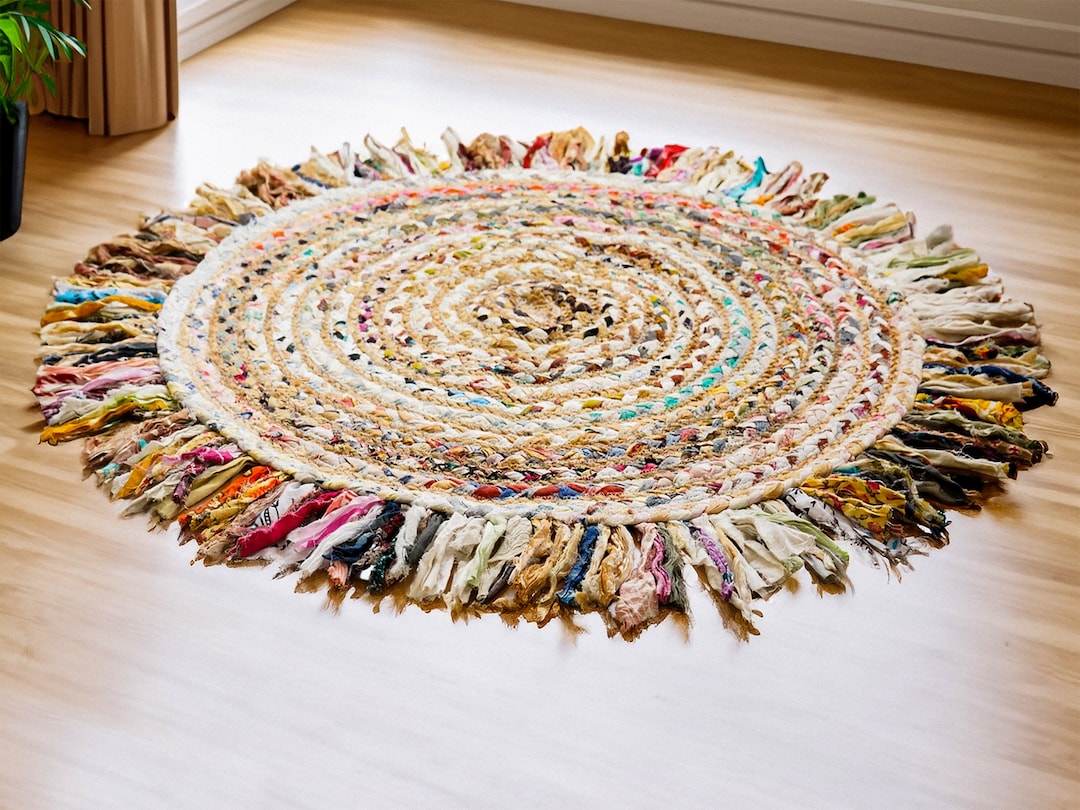 White Chindi Multicolour Rag Braided Boho Rug, Bohemian Jute Mat With ...