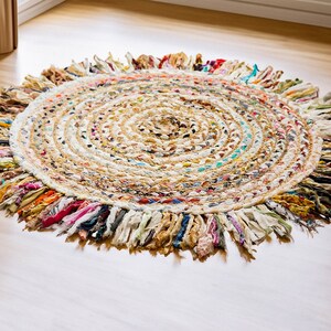 White Chindi Multicolour Rag Braided Boho Rug, Bohemian Jute Mat With ...