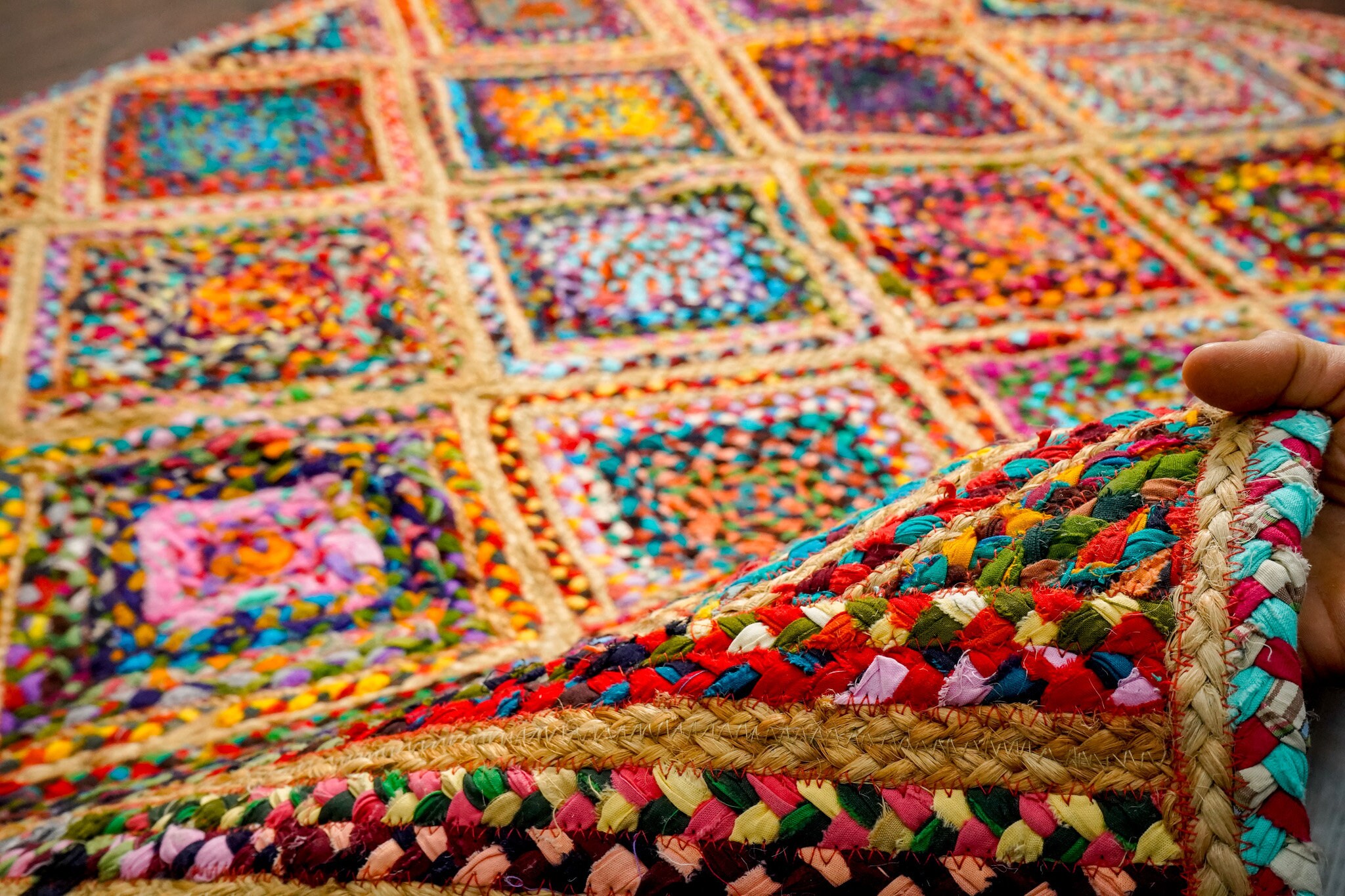 Multi Diamond Chindi Jute Rag Rug, Handcrafted Sustainable Home Decor ...