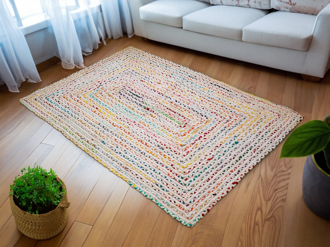 Multi Chindi Rainbow White Rag Rug, Handcrafted Recycled Cotton Home ...