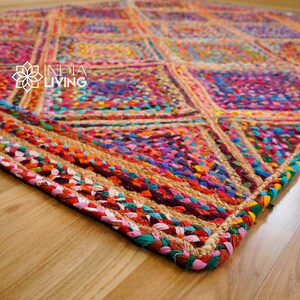 Multi Diamond Chindi Jute Rag Rug, Handcrafted Sustainable Home Decor ...