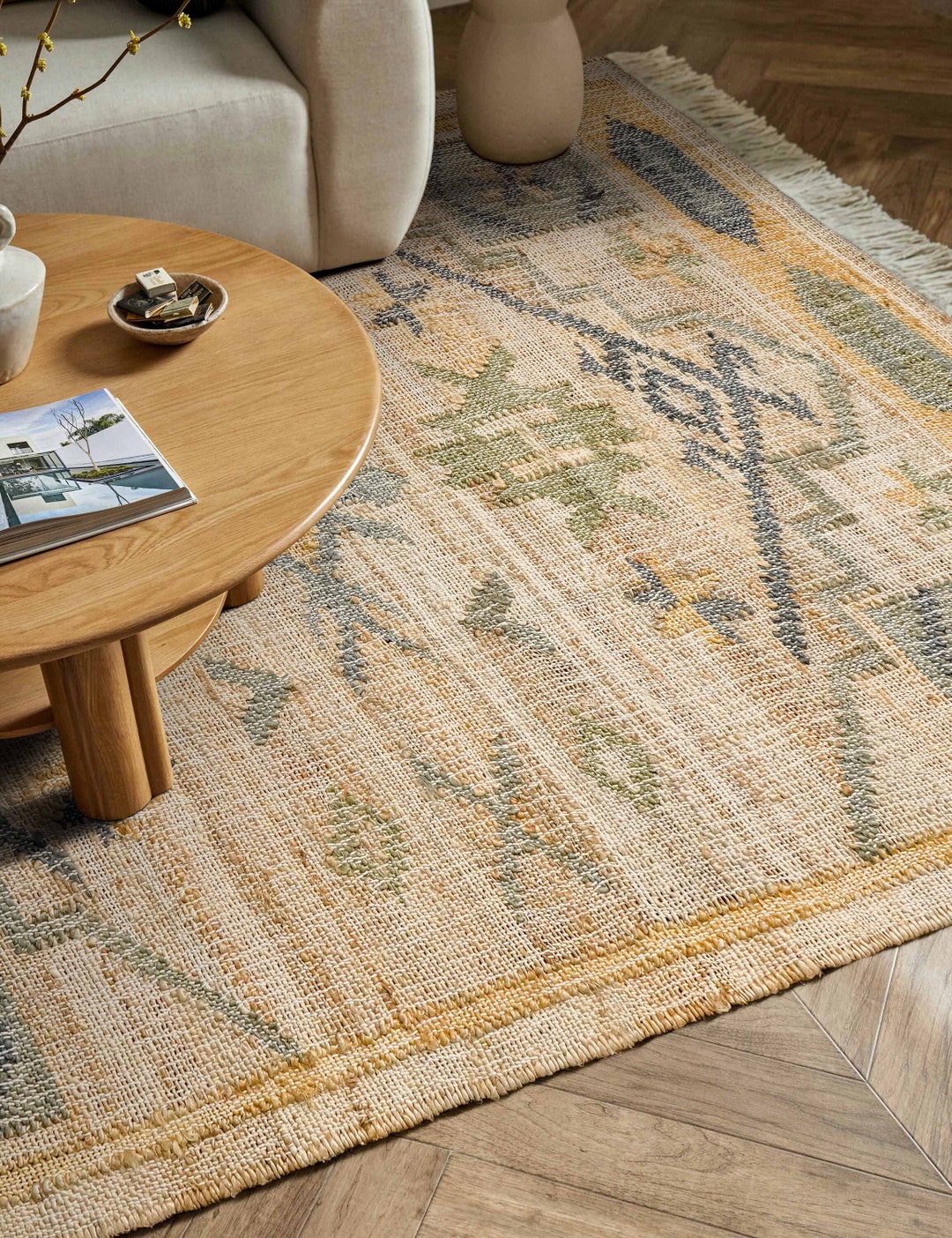 Hand Woven Natural Sage Green Bohemian Style Jute Area Rug, Moroccan ...