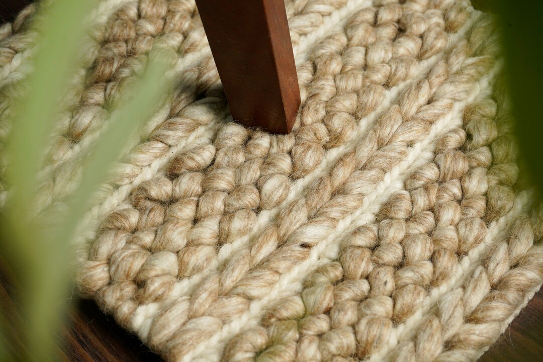 Multi Patterned Beige Chunky Looped Wool Rug, High Pile, Premium Wool ...