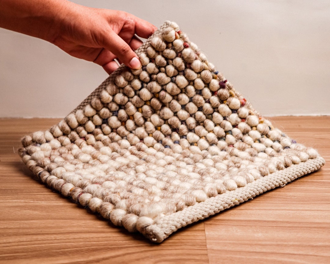 Handmade Chunky Pebble Wool Rug, Multi Coloured Textured Neutral Beige ...