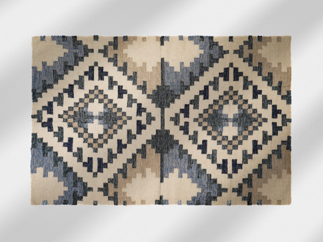 Beige Blue Abstract Wool Kilim Rug Geometric Rug Custom Made - Etsy
