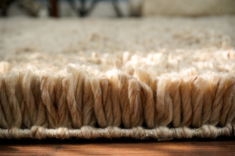 Hand Knotted Natural Beige Shaggy Wool Rug, Custom Made Scandinavian ...