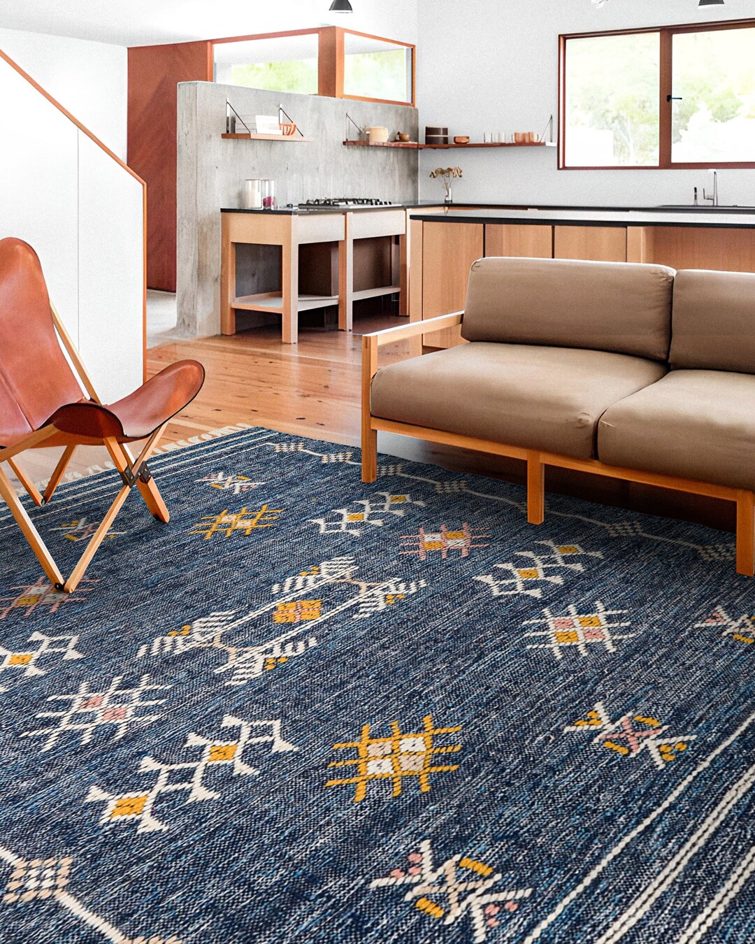 Denim Blue Aztec Kilim Rug, Custom Made Tribal Bohemian Rug for Room ...