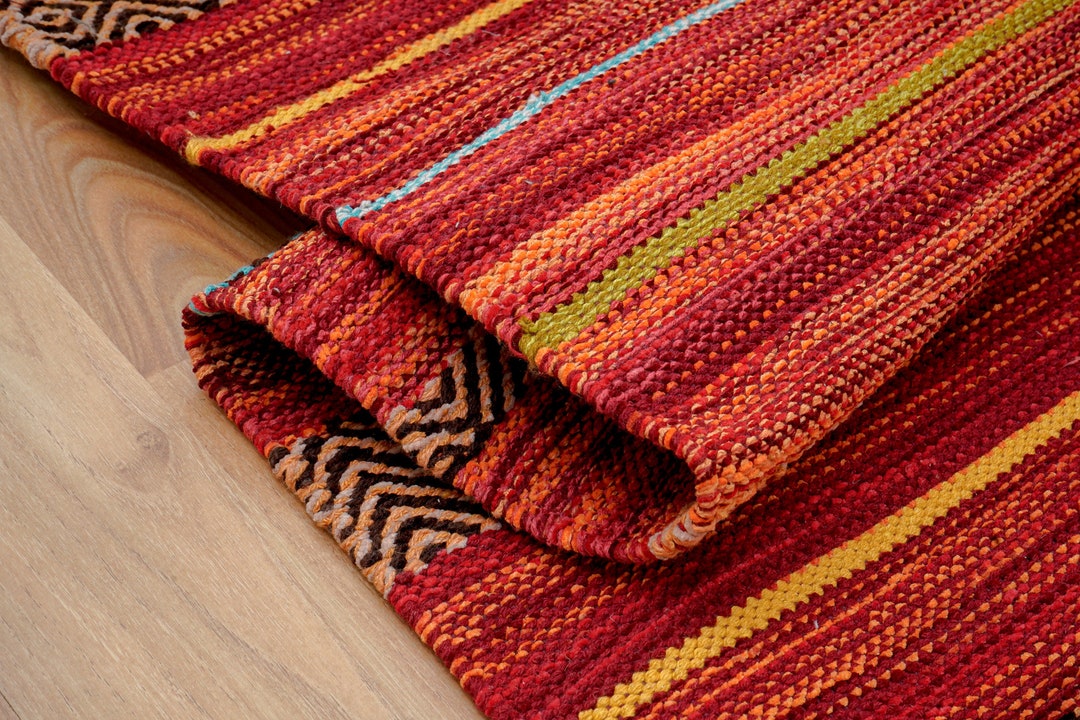 Indian Red Striped Kilim Rug, Vintage Bohemian Room Decoration, Indian ...