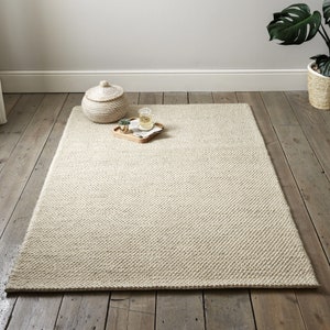 Hand Knitted Ivory Wool Area Rug, Chunky Basket Weave Indoor White Wool ...