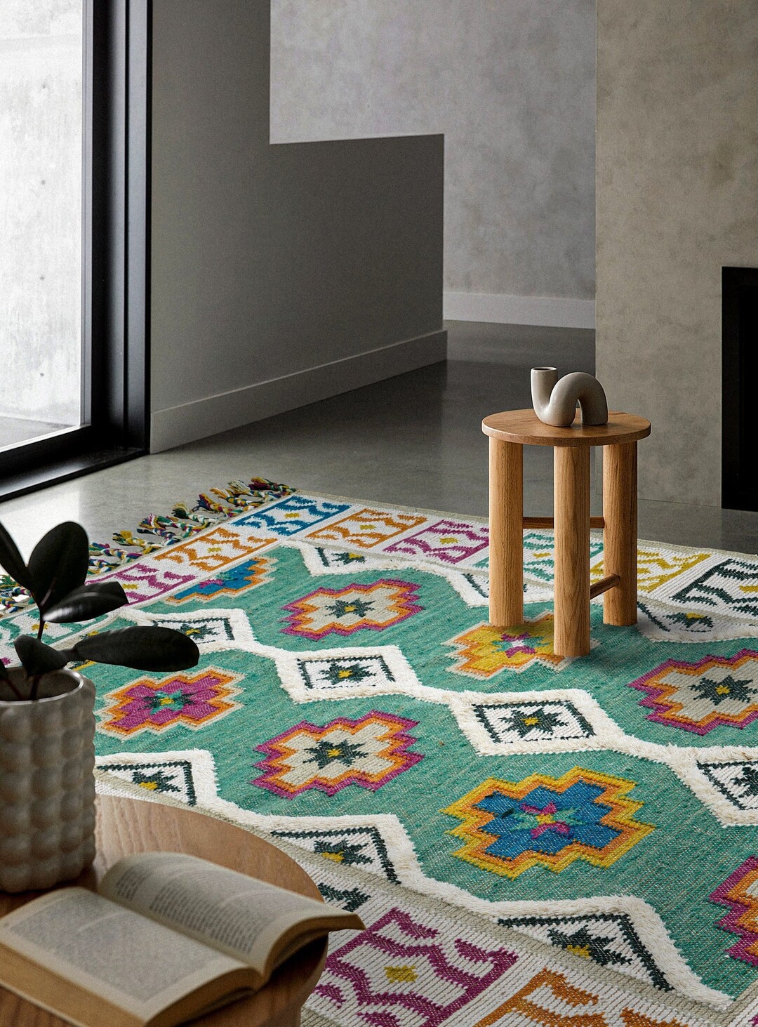 Green Moroccan Kilim Rug, Aesthetic Bohemian Wool Rug, Colourful Living ...