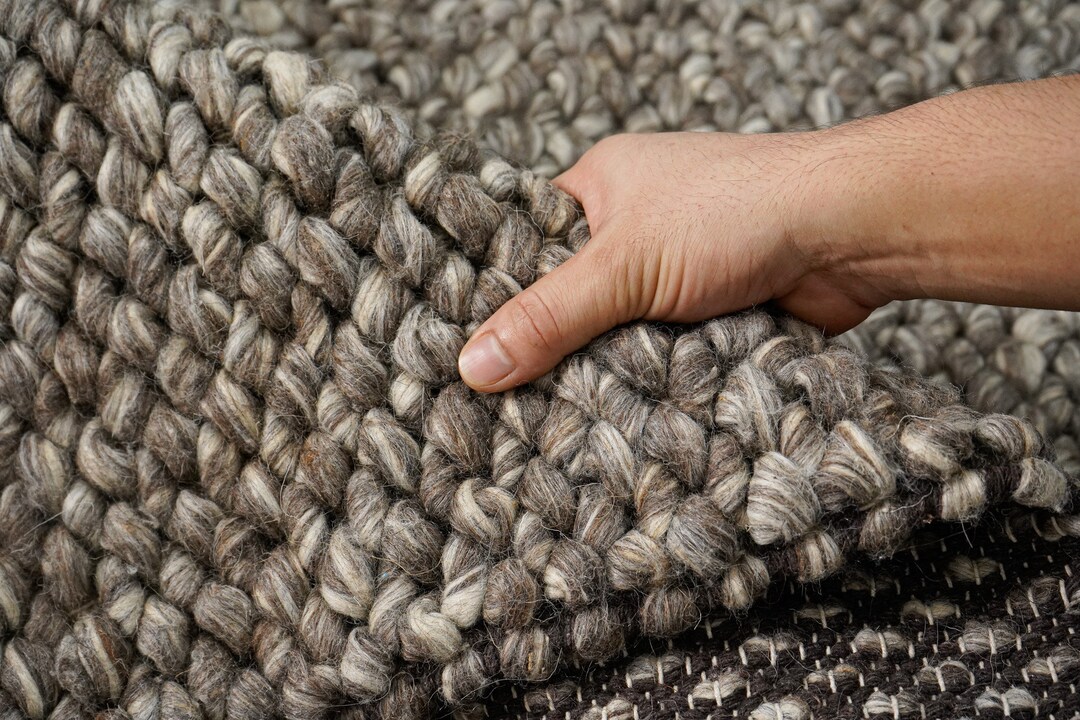 Charcoal Brown Cashew Weave Chunky Looped Wool Rug, Handwoven Wool Cozy ...