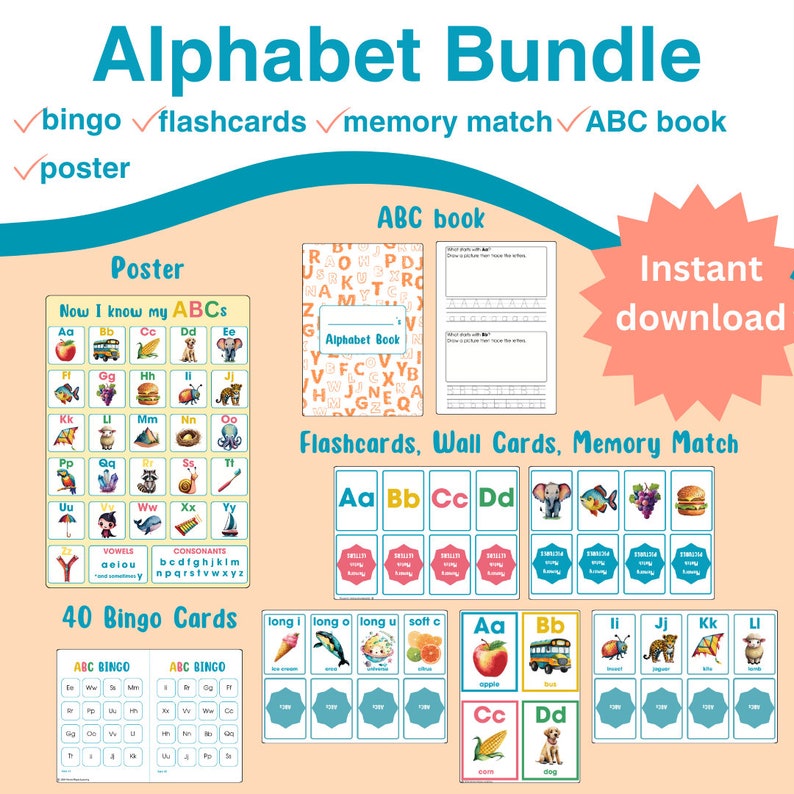 Alphabet Cards Phonics Game ABC Poster Alphabet Bingo ABC Book Memory ...